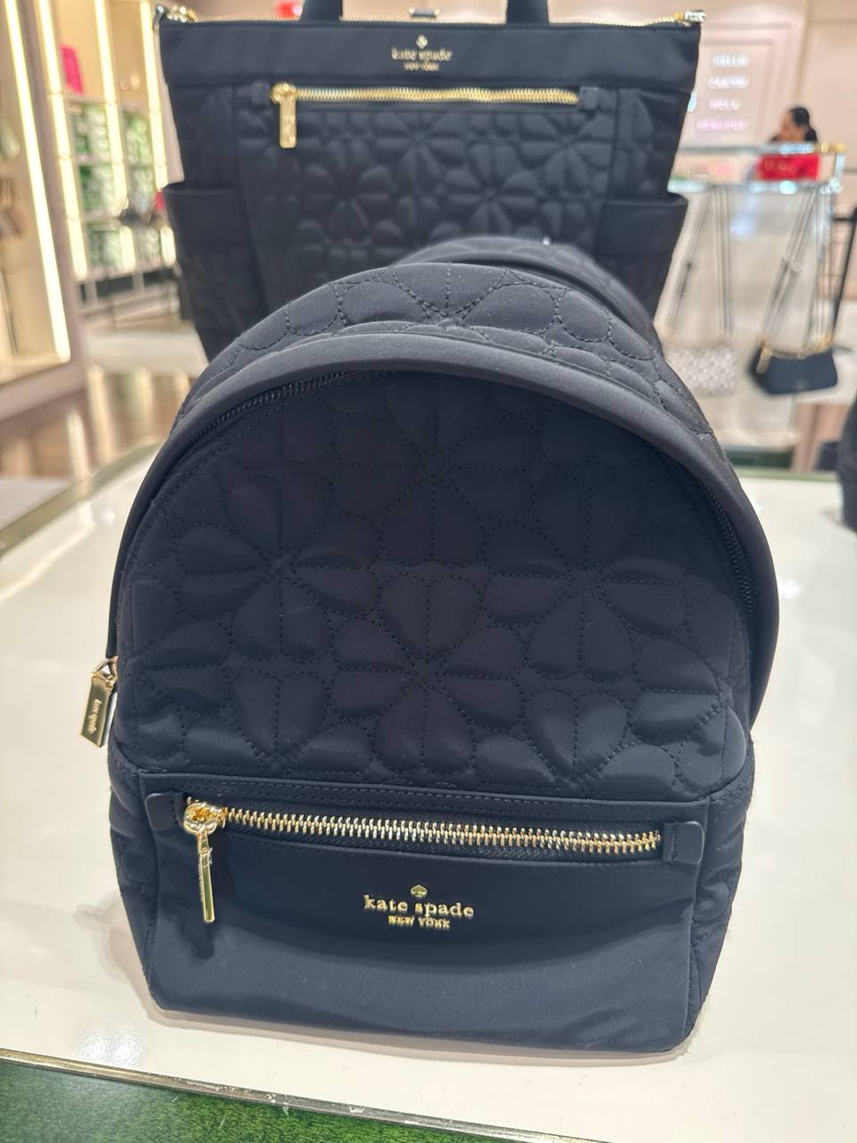 (Pre Order) Kate Spade quilted signature flower small backpack in black ...
